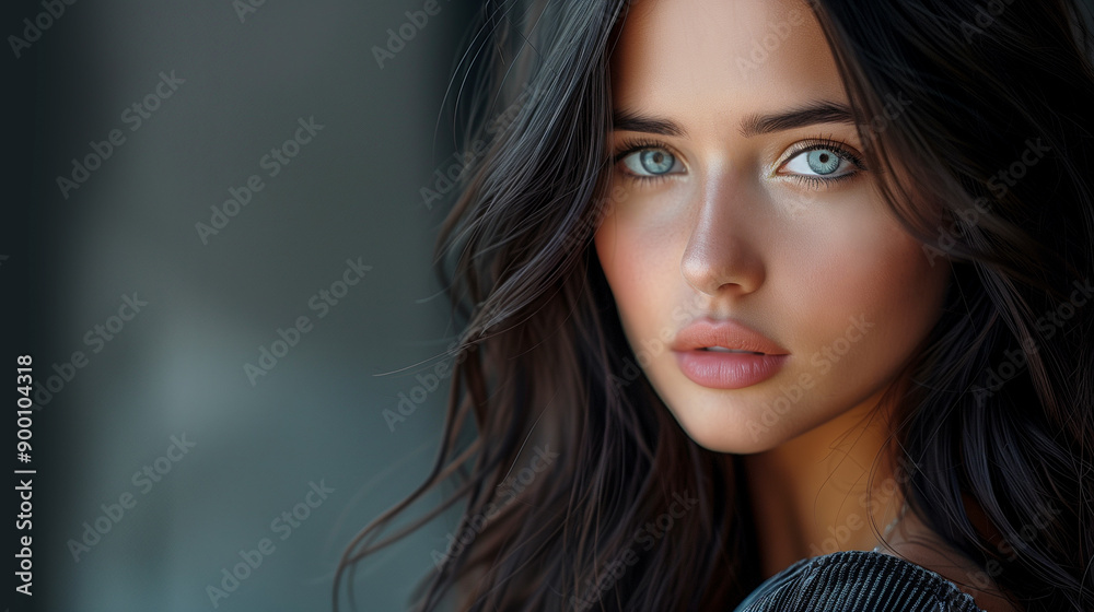 Beauty blue eyes woman luxurious long black hair background. Model girl ...
