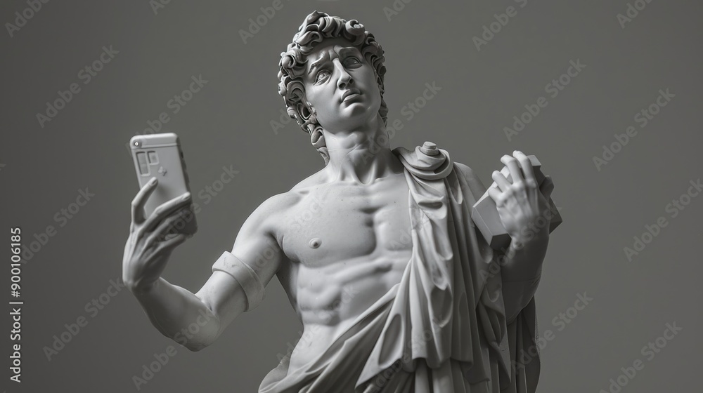 Classical statue holding a smartphone for a selfie, combining ...