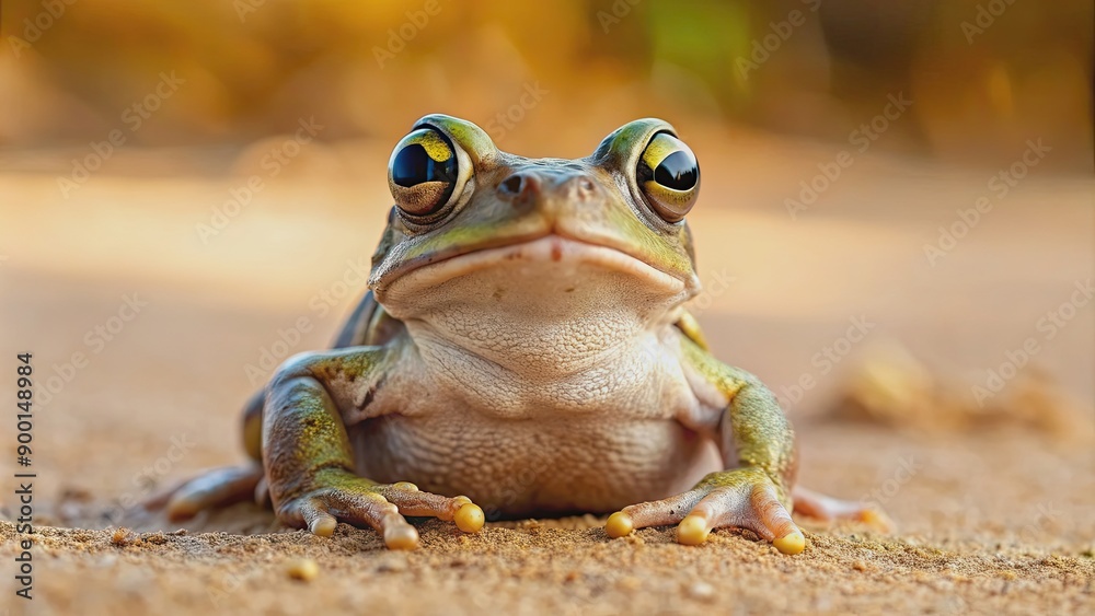 Frog with big bulging eyes sitting on sand preparing to jump, frog ...