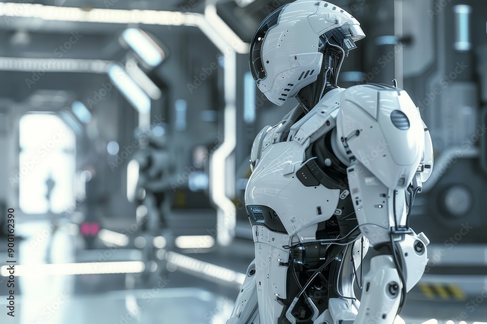 An image of a biomechanical exoskeleton in a futuristic environment ...