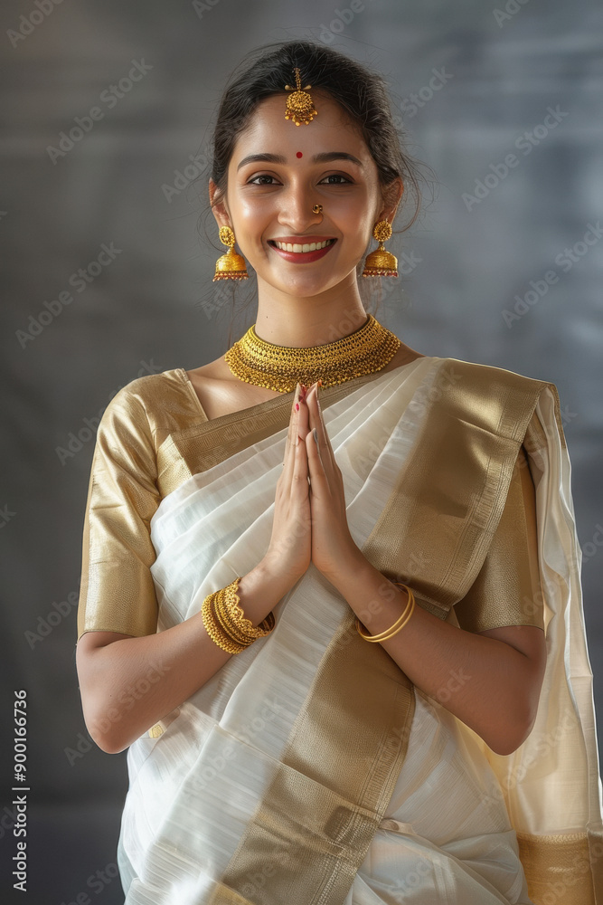 smiling portrait of a beautiful Indian ethnic woman wearing off white sari having golden colour ...