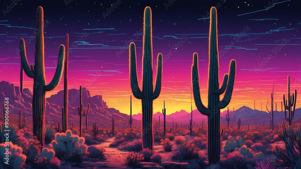 saguaro cactus forest retro neon Stock Illustration | Adobe Stock
