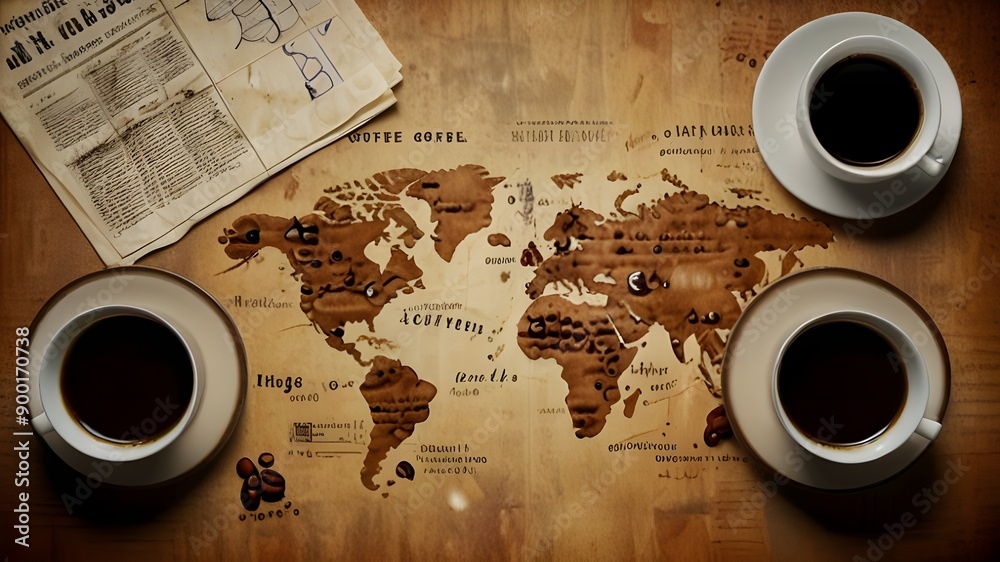 Vintage coffee-themed wallpaper with a top-down view of cups, natural ...