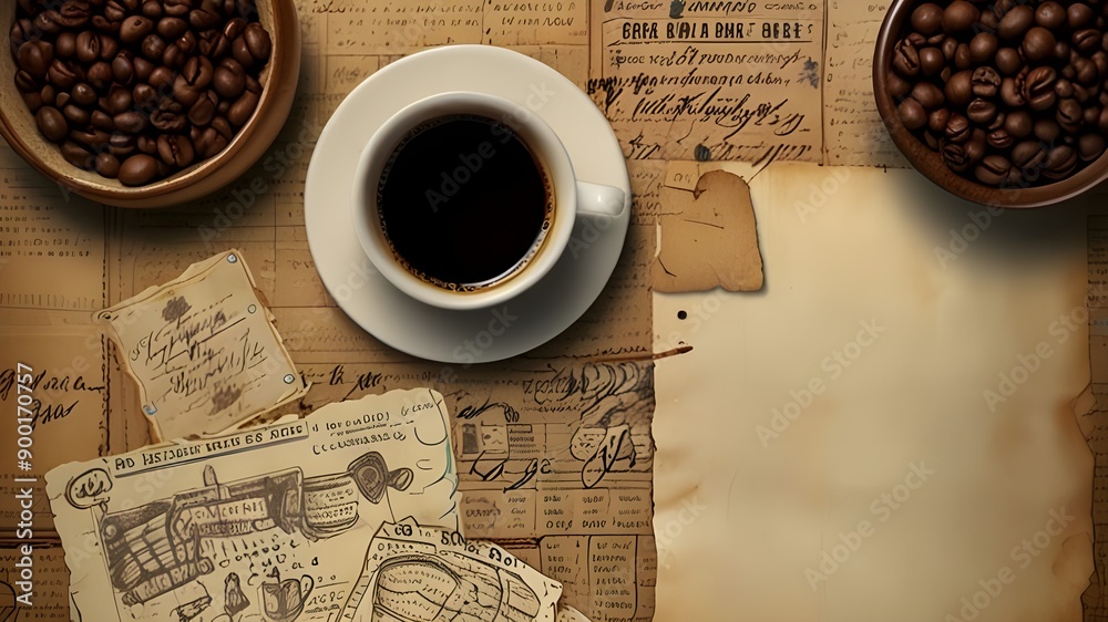 Vintage coffee-themed wallpaper with a top-down view of cups, natural ...