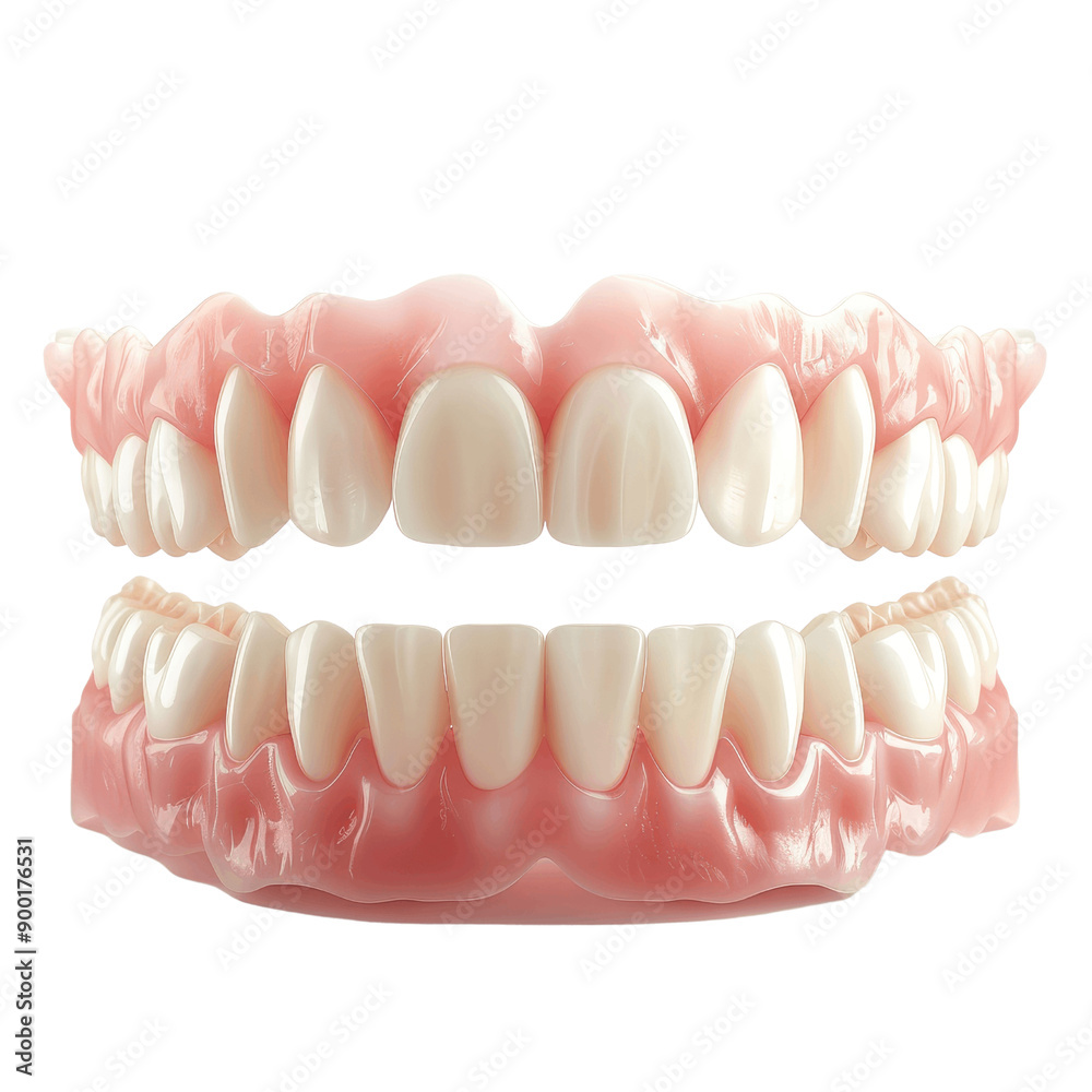 Realistic upper and lower dentures model showing teeth alignment and ...