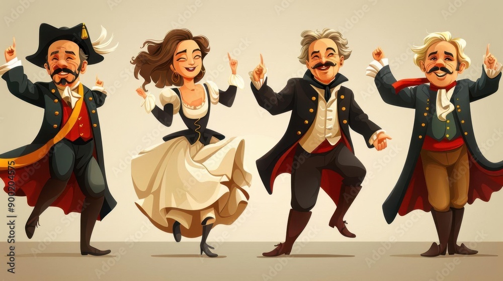 Produce a groovy cartoon illustration of famous historical figures ...