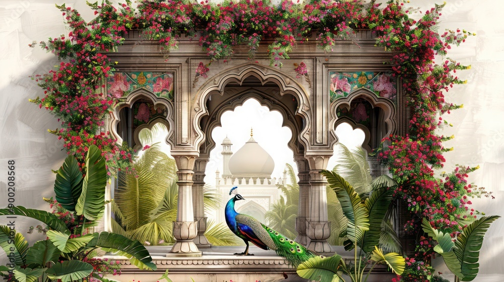 Traditional Mughal elephants in a garden with decorative arch frame ...