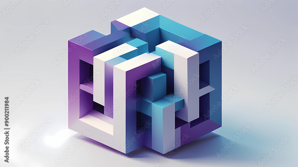 isometric shape, retangular 3D cross shape, a blue purple geometric ...