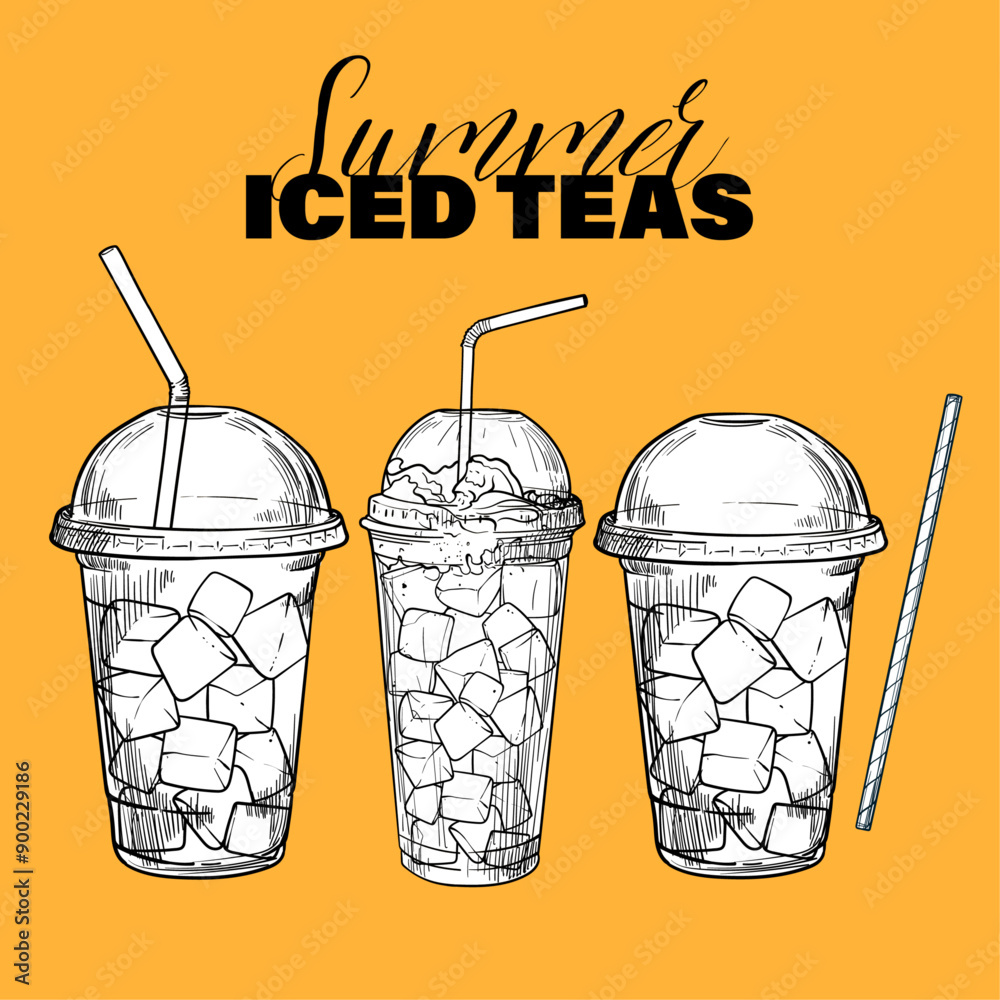 Vector hand drawn beverages with ice cubes in plastic cup with lid and ...