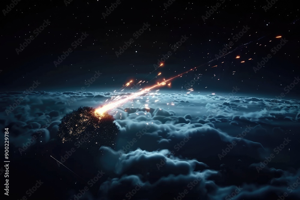 A fiery meteor streaks across the night sky, leaving a trail of sparks ...