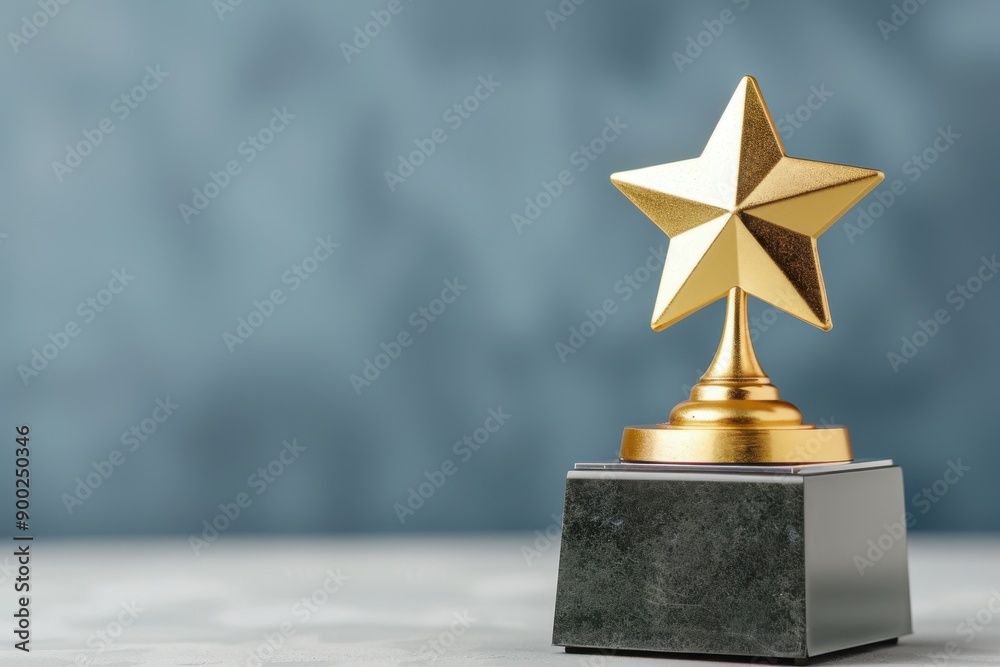 Golden star-shaped trophy on a marble base against a blurred blue ...