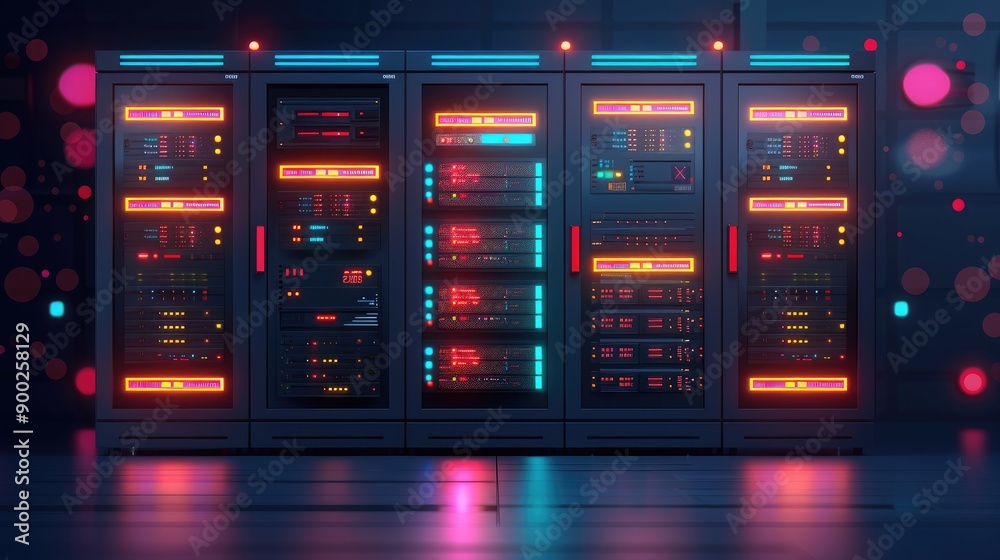 Futuristic data center illuminated by vibrant lights, featuring sleek server racks processing ...