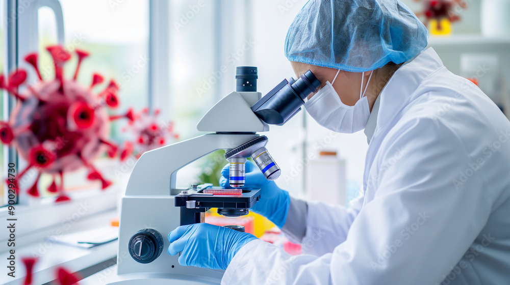 A virologist studying virus samples under a high-resolution electron ...