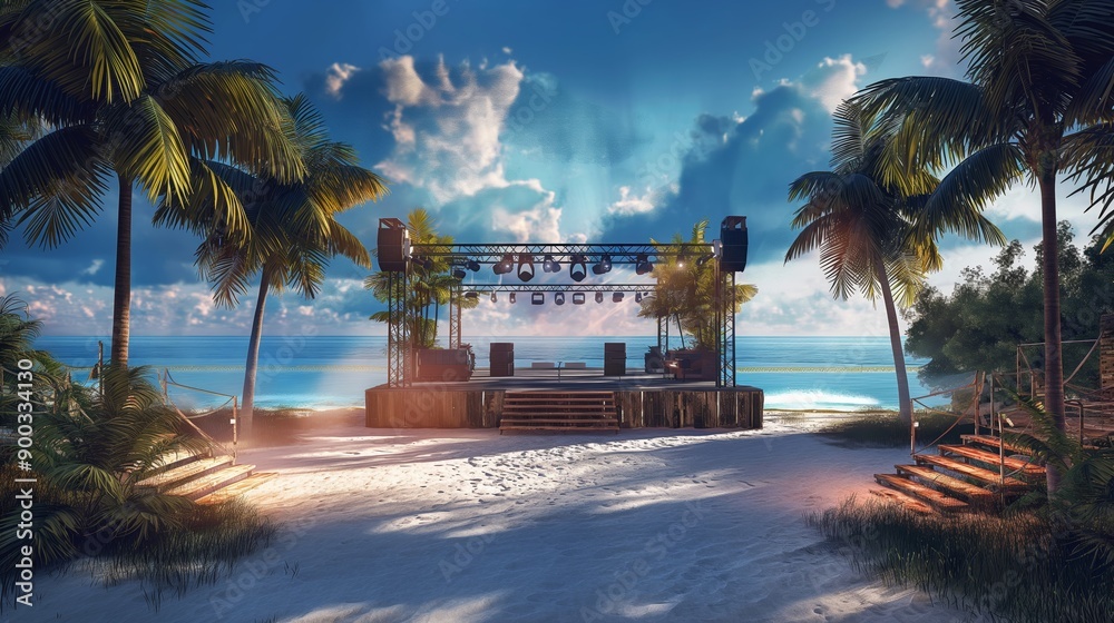 A beach scene with palm trees and a stage with speakers. Stage ...