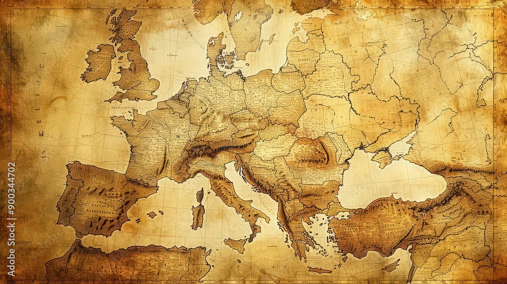 antique map of Europe, featuring detailed, hand-drawn borders and ...