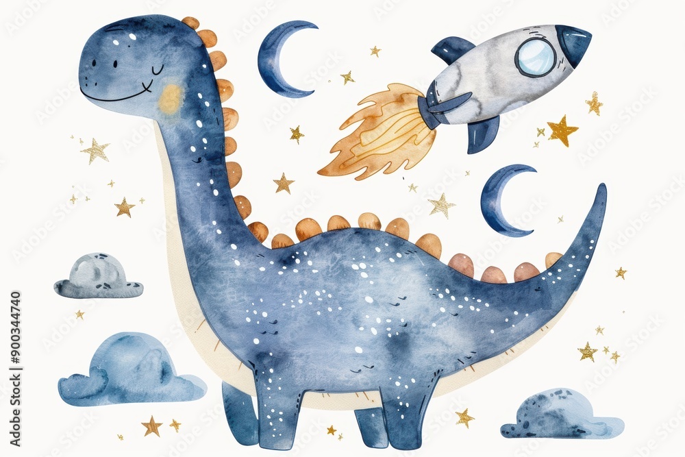 Cute watercolor space dinosaur clipart, white background, simple design ...