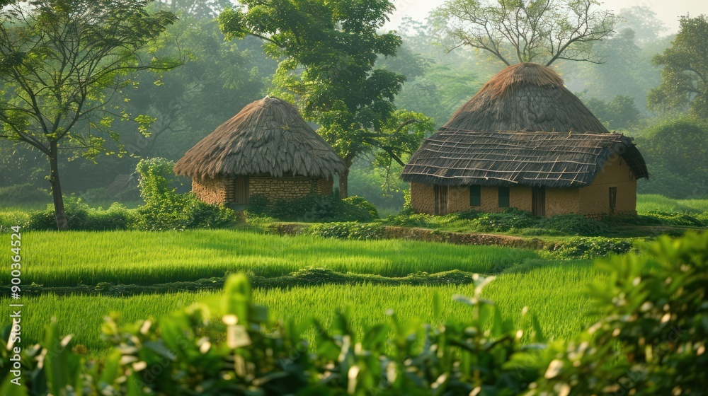 A serene image of a rural Indian village with mud huts, traditional ...