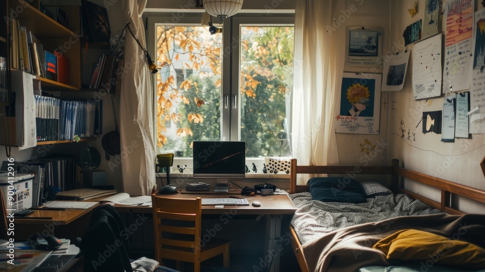 Describe a study table in a student dormitory. How is it organized, and ...