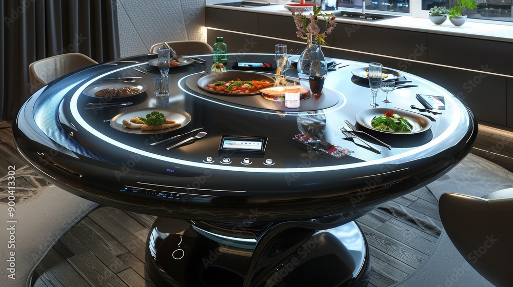 Imagine a futuristic dining table that prepares and serves meals ...
