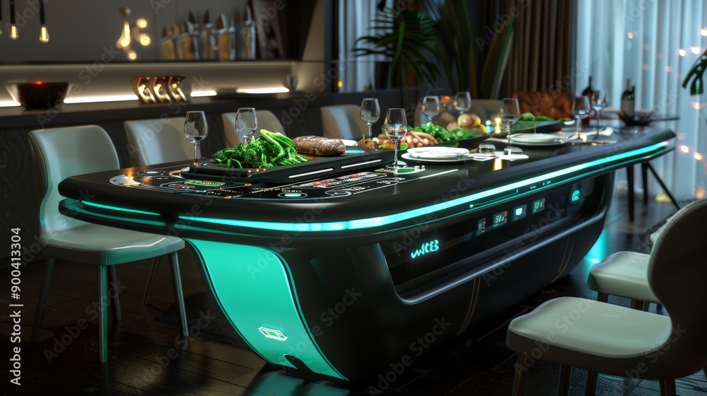 Imagine a futuristic dining table that prepares and serves meals ...