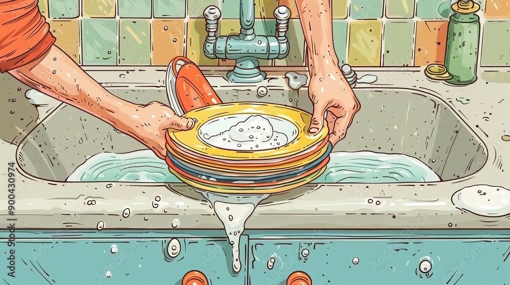 Person washing dishes in a kitchen sink, with soap suds and a stack of ...