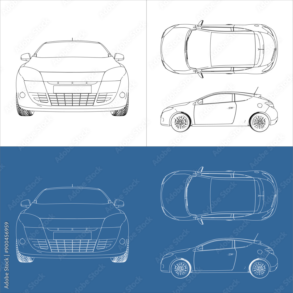vector coupe hatchback car line art draw blueprint wireframe from all ...