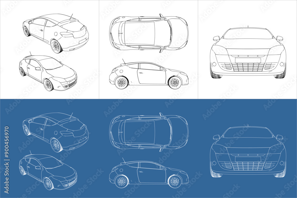 vector coupe hatchback car line art draw blueprint wireframe from all ...