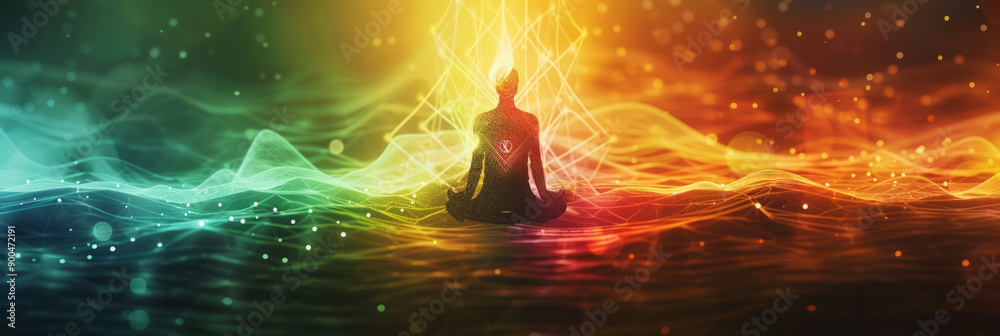 Silhouette of person meditating at night with glowing seven chakras ...