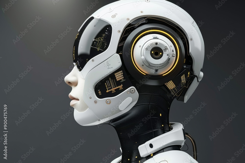 Side profile of a humanoid robot head with intricate mechanical ...