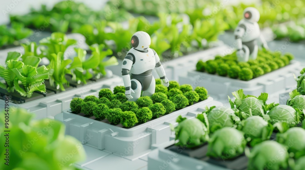 Scifi urban garden with vertical farms and robotic gardeners, 3D ...