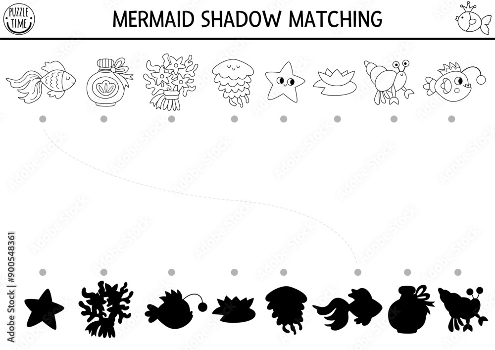 Vector de Stock Mermaid black and white shadow matching activity with ...