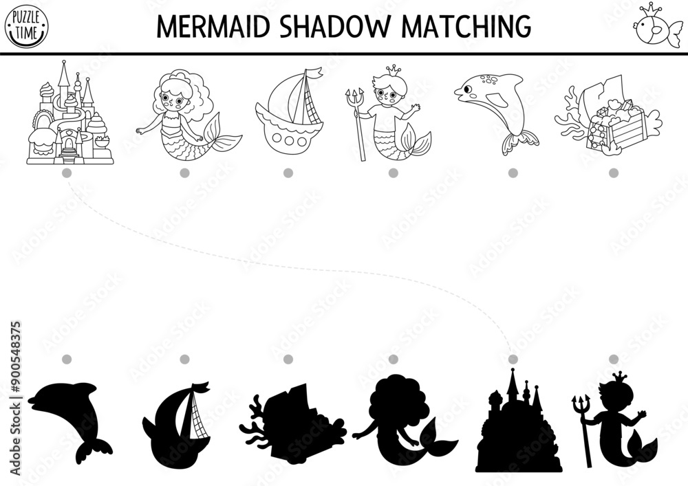Mermaid black and white shadow matching activity with merman, treasure ...