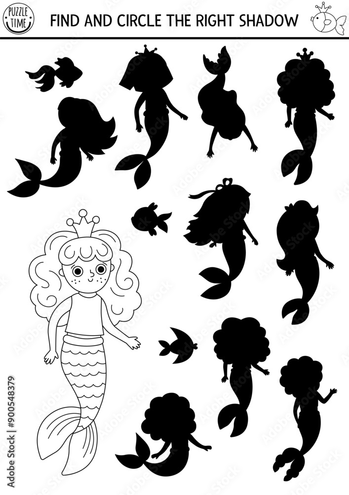 Mermaid black and white shadow matching activity with sea princess ...