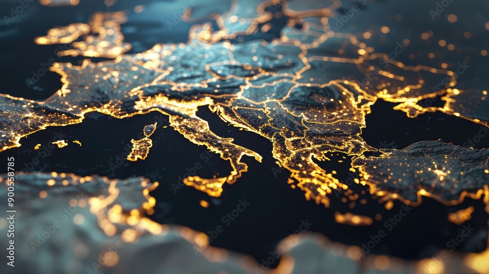 Aerial view of Europe's illuminated map showing major cities and road ...