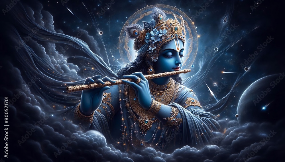Lord Krishna Portrait against a dark sky Stock Illustration | Adobe Stock