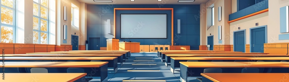 Flat design of a university lecture hall with tiered seating, a podium ...