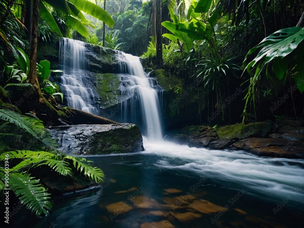 Tropical forest falls Waterfall amid dense jungle for immersive nature ...