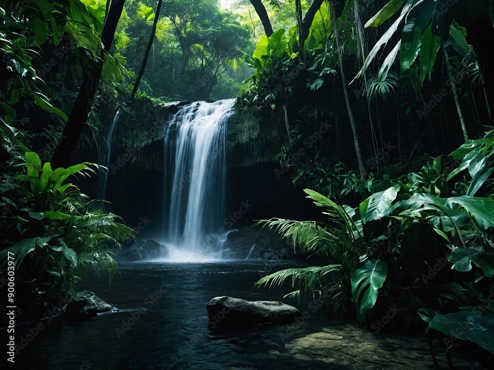 Tropical forest falls Waterfall amid dense jungle for immersive nature ...