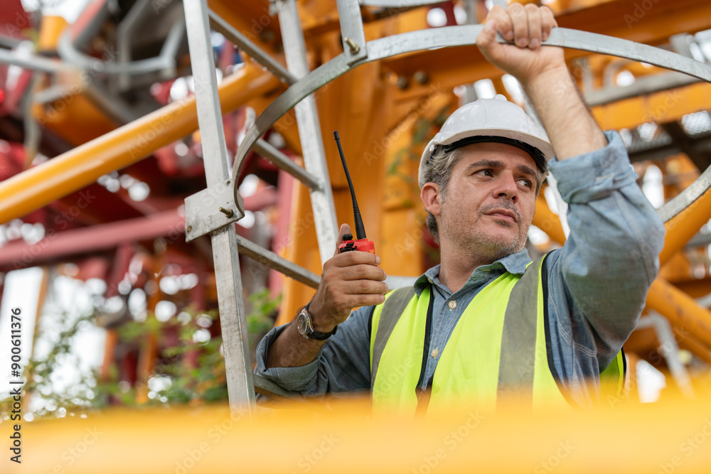 Asian male engineer wearing safety vests and helmet climbing metal ...