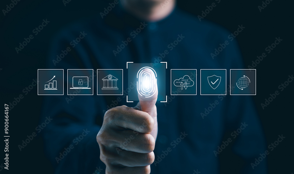 Futuristic Biometric Authentication Technology Concept Man Is Touching A Fingerprint Scan With