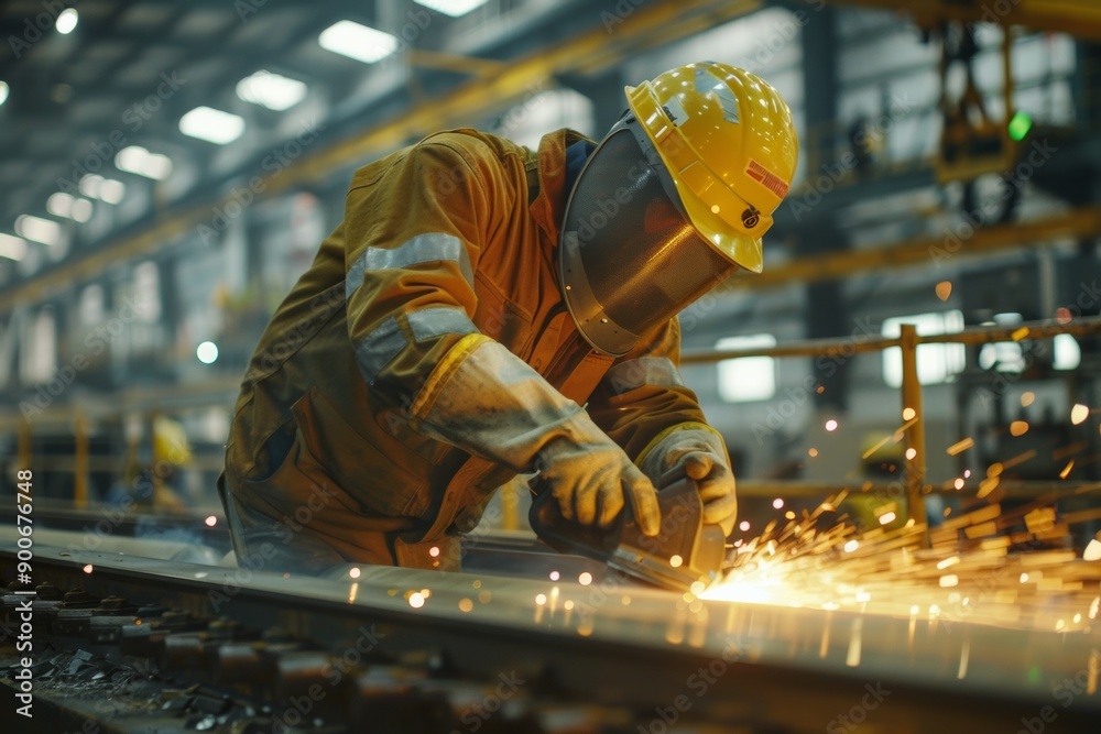 Contractor in safety attire and hard hat using an angle grinder to cut ...