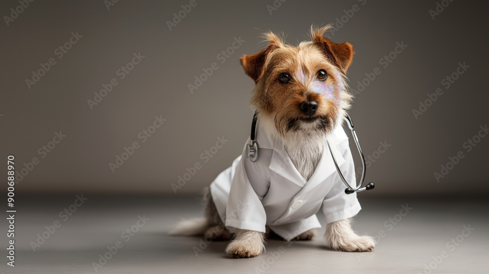 Small dog dressed as a doctor with a white lab coat and stethoscope ...
