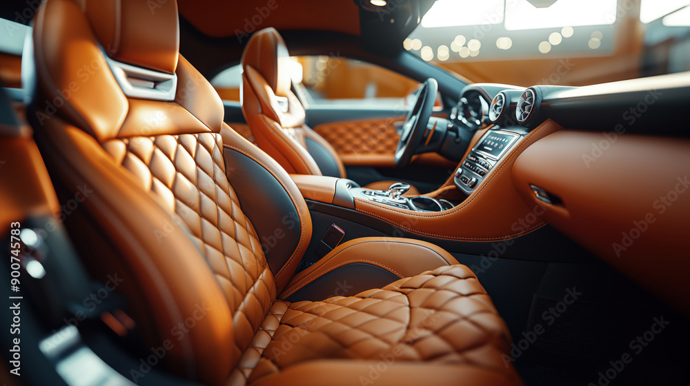 Luxurious car interior with brown leather seats featuring diamond ...