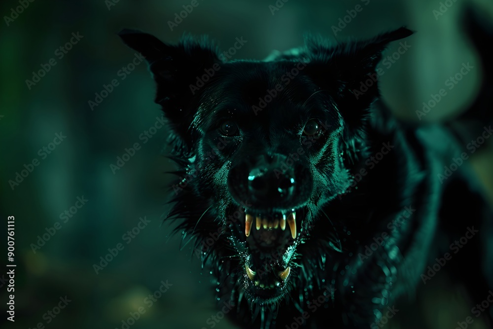 Aggressive black dog get angry and bares his teeth. Dog shows dangerous ...