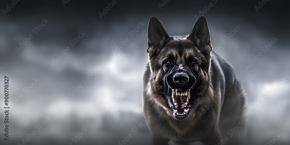 Aggressive dog get angry and bares his teeth. Dog shows dangerous teeth ...