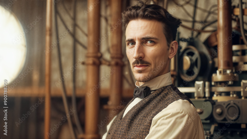 Portrait of Nikola Tesla in vintage lab surrounded by early 19th ...