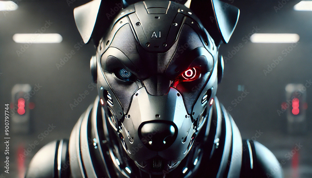 Aggressive AI dog with a sleek, armored design. The dog has glowing red ...