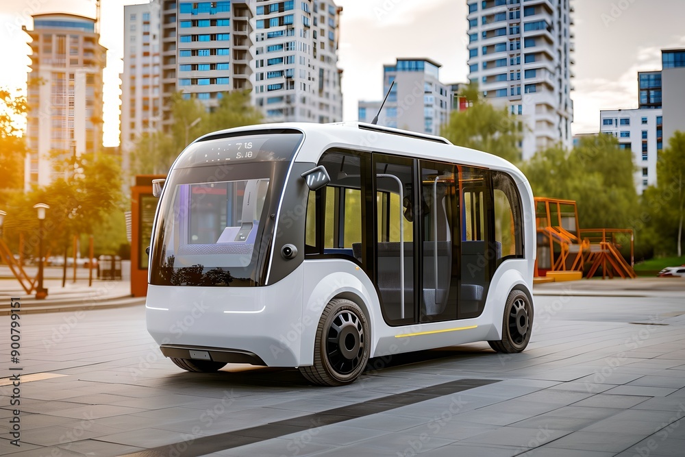 Autonomous electric shuttle bus with city street background. Public ...