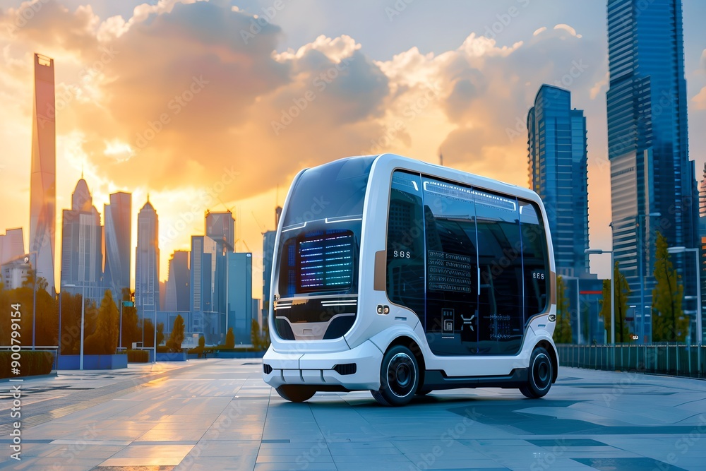 Autonomous electric shuttle bus with city background. Public ...