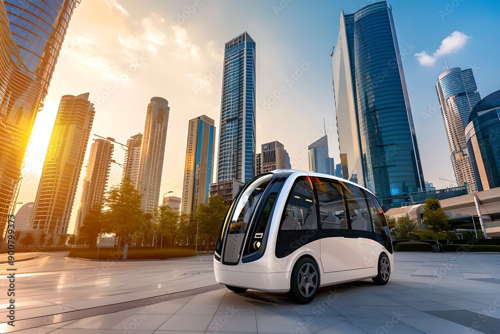 Autonomous electric shuttle bus with city background. Public ...